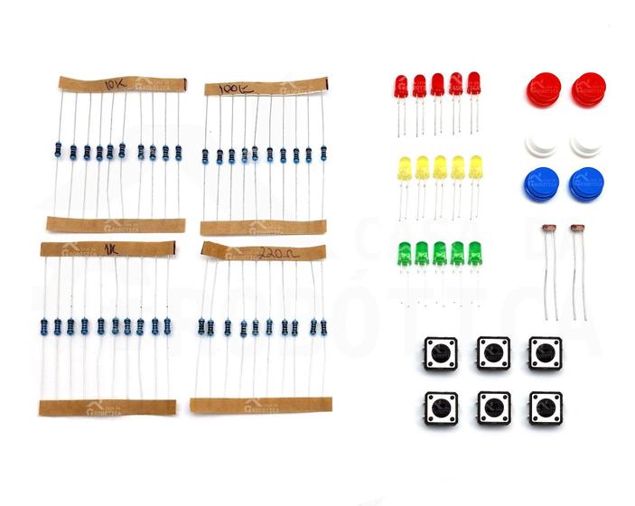 Kit Eletrônica: Resistores 220ohms 1k 10k 100k, Botões, LED, LDR ...