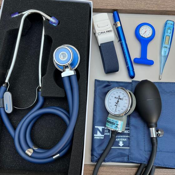 Kit Enfermagem Completo Azul Esteto Rappaport + Esfigmo P.A MED Garrote ...