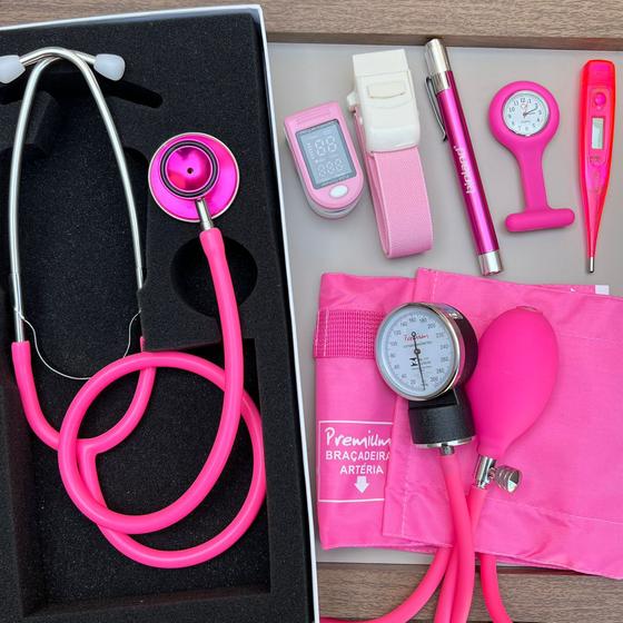 Kit Enfermagem Completo Rosa Chiclé Esteto Esfigmo Oximetro Garrote ...