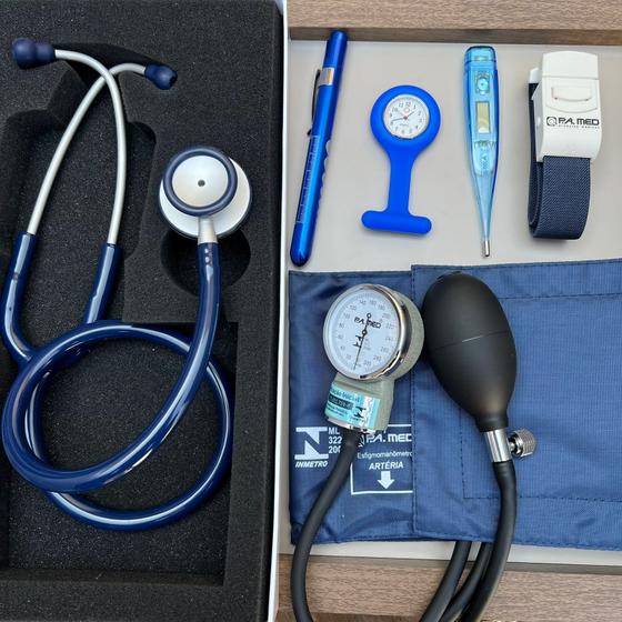 Kit Enfermagem Estagio Acadêmico Azul Esteto Duplo BIC Esfigmo Lapela ...