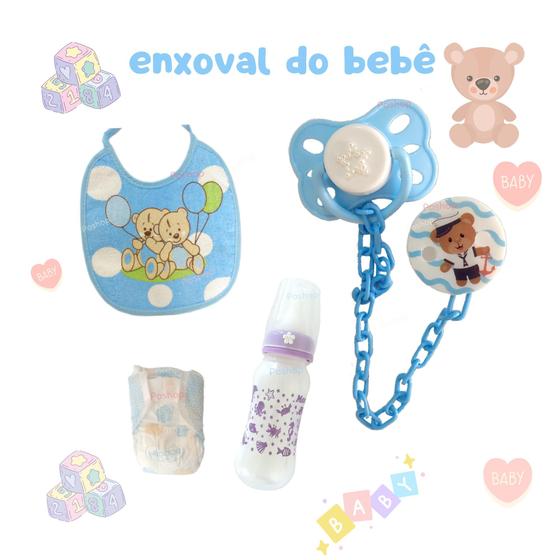kit enxoval Bebe Reborn Boneca Menino,azul,babador,chupeta magnetica ...