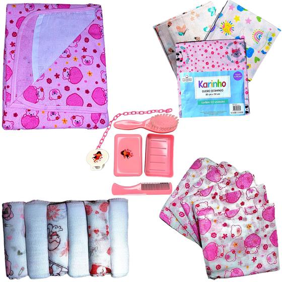 Kit Enxoval de Bebe 19 Peças 6 Pano de Boca 5 Fralda 3 Cueiro 1 Toalha ...