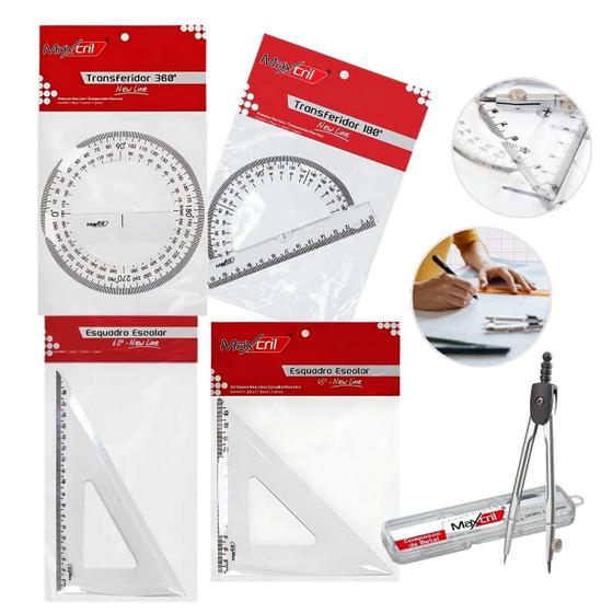 Kit Escolar 5 Peças com Transferidor Esquadro e Compasso Ideal para uso ...