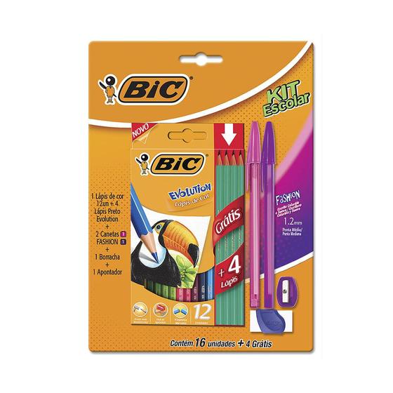 Kit Escolar Bic com 12 Lápis de Cores Evolution, 4 Lápis HB, 2 Canetas ...