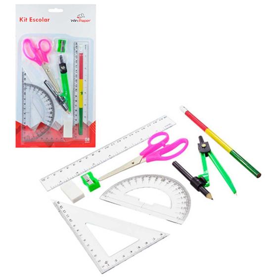 Kit Escolar com Compasso Borracha Tesoura Lápis Régua Esquadro ...