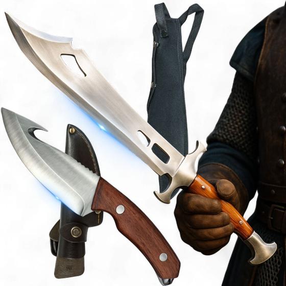 Kit Faca e Espada ShadowSteel XT com Lâmina Afiada, Design Medieval, Bainha e Cabo de Madeira ...