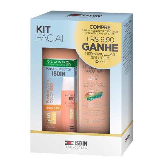Kit Facial Isdin Protetor Solar Fusion Water 5 Stars Color FPS 50 Cor Média 50ml e Água Micellar ...