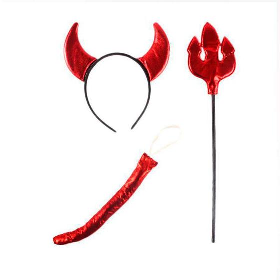 Kit Fantasia Diabinha Carnaval Bloquinho Feminina Rabo Chifre ...