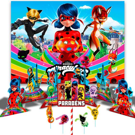 Kit festa Ladybug Decoração Painel + Topo de bolo +6 Display - Regina ...