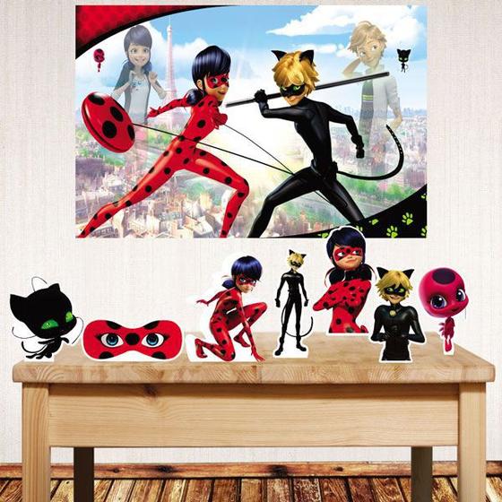Kit festa Miraculous com painel poli banner + displays de mesa ...