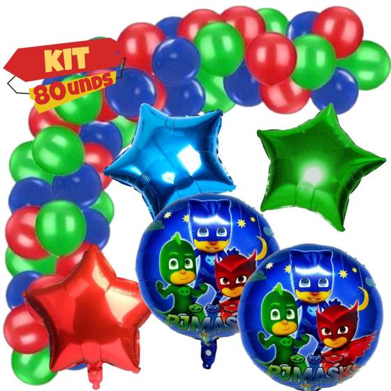 Kit Festa PJ Masks, 2 Balões Metalizados 45cm +3 Estrelas Metalizadas 45 cm+ 25/50/75/100 Balões ...