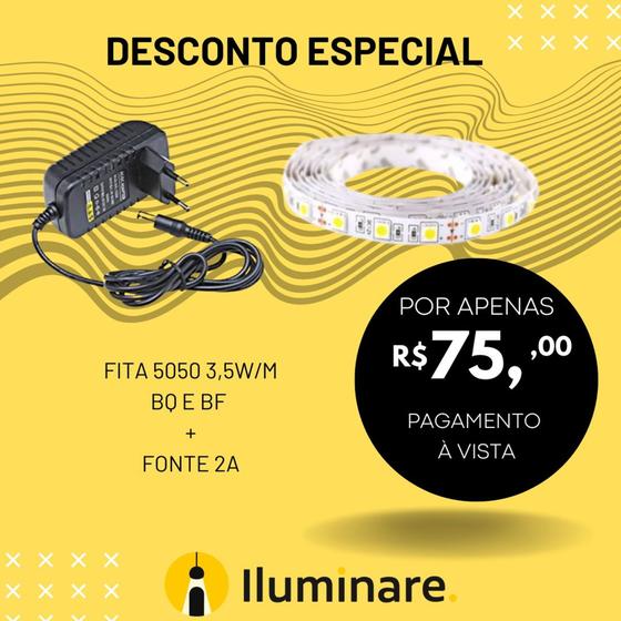 Kit Fita LED 5 metros 12V 3,5W/M 5050 branco quente 3000K + fonte 2 ...