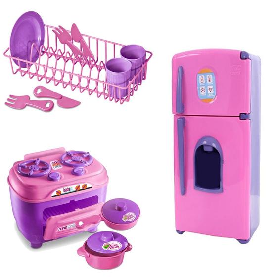 Kit Fogão Completo + Panelinhas Geladeira E Escorredor Louça - ZUCATOYS ...