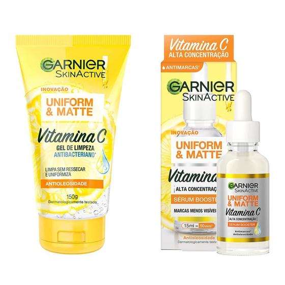 Kit Garnier Uniform and Matte Facial Vitamina C Sérum 15 mL + Gel de ...