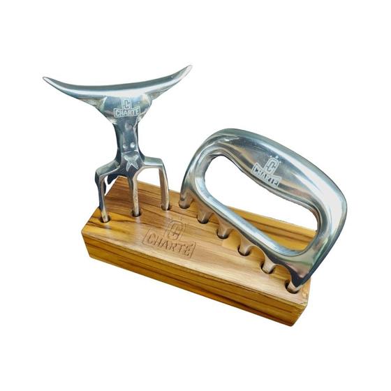 Kit Garra de urso e Tridente churrasco alumínio maciço polido suporte ...