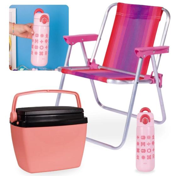 Kit Garrafa Termica 480ml em Inox Rosa Kids + Cadeira de Praia Infantil ...
