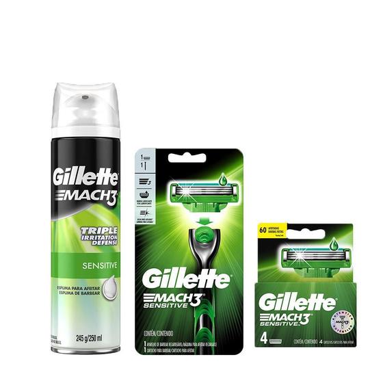 Kit Gillette Mach 3 Sensitive: Espuma 245g + Aparelho de Barbear + 1 ...