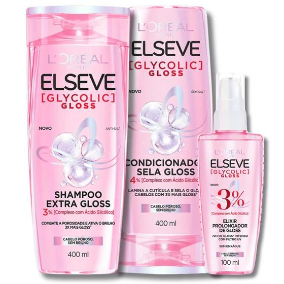 Kit Glycolic Gloss Shampoo Condicionador 400ml Sérum Prolongador Elixir ...