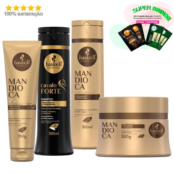 Kit Haskell Shampoo Cavalo Forte 300ml + Condicionador Mandioca 300ml + Máscara Mandioca 250g ...