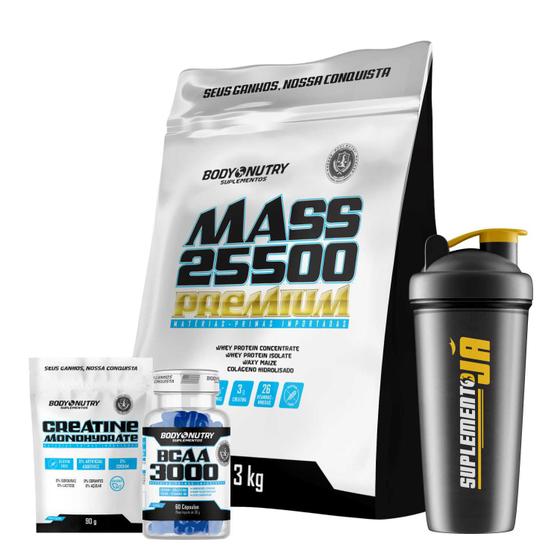 Kit Hipercalórico Mass 25500 3kg 34g de proteínas com 3g de creatina + BCAA 3000 Aminoacidos ...