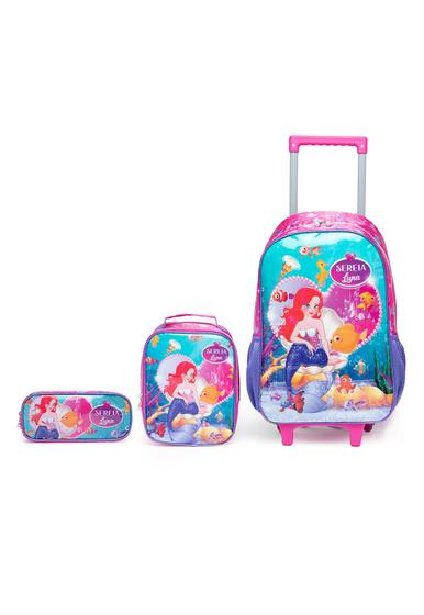 Kit Infantil Mochila de rodinha + Lancheira + Estojo Menina Sereia Rosa ...