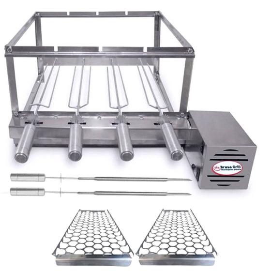 Kit Inox Para Churrasqueira 4 Espetos Giratório Brasa Grill + 2 Grelhas ...