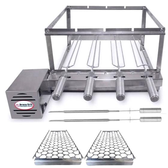 Kit Inox Para Churrasqueira 4 Espetos Giratório Brasa Grill + 2 Grelhas ...
