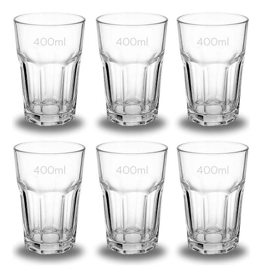 Kit Jogo 6 Copos De Vidro Grosso Resistente 400ml Suco Agua Casa Bar Restaurante Buffet Hotel ...
