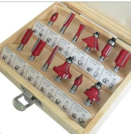 Kit Jogo Fresas Maleta Para Tupia Madeira 12 Peças Haste 6mm Manual ...