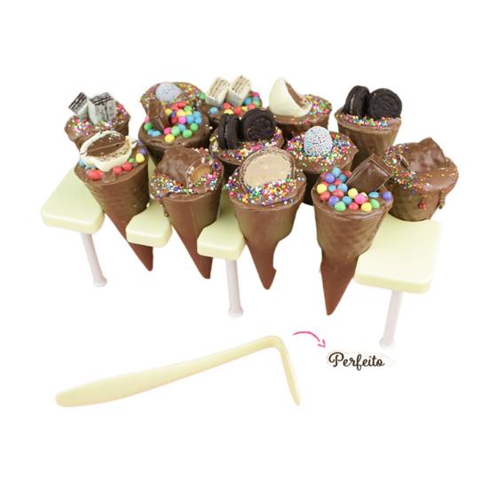 Kit Jogo Suporte Com Pega Cone Para Casquinha Cascão Chocolate Trufado Recheio Doces Sobremesas ...