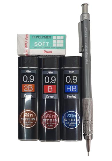 Kit Lapiseira Graphgear 500 0.9+ Grafite B HB 2B + Borracha - Pentel ...