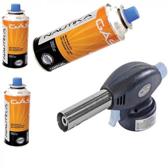 Kit macarico portatil com controle de chama - gt6019 + 3 recargas de ...