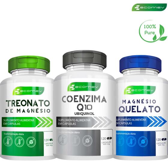 Kit Magnesio Treonato + Quelato + Coenzima Q10 Ubiquinol Puro 500mg 360Cáps Kit 6 Meses Ecomev ...