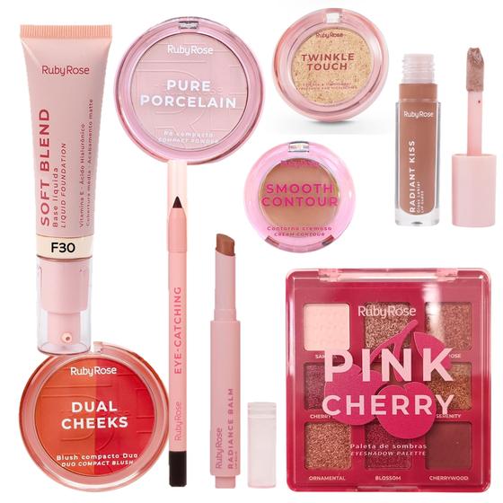 Kit Maquiagem Linha Rosa Ruby Rose com Base Pó Facial Blush Gloss ...