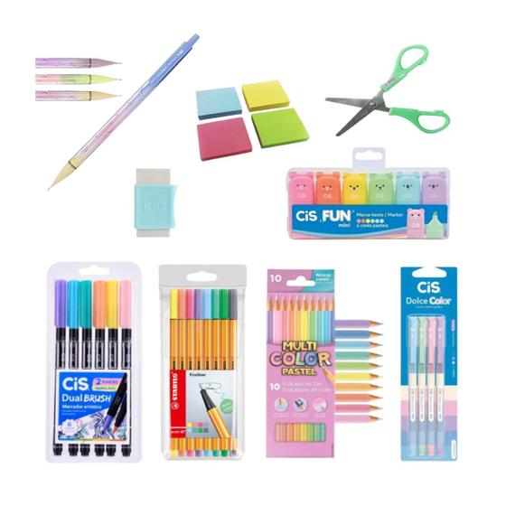 Kit Material Escolar Colorido Kawaii Cor Pastel Fofinho Brush Stabilo ...