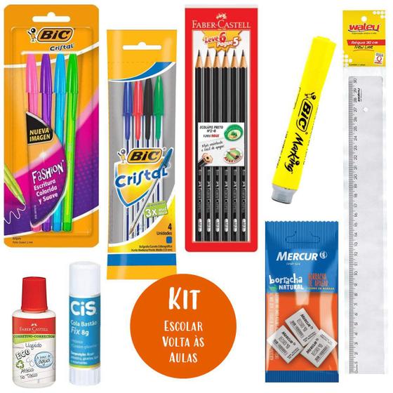 Kit Material Escolar Voltas Aulas Escrita 21 itens Canetas Borrachas ...