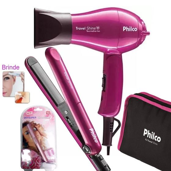 Kit Mini Secador De Cabelo Philco Pequeno Dobrável e Chapinha Bivolt ...