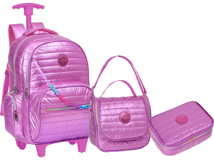 Kit Mochila Escolar Rodinha Menina Metalizada Rosa Roxa KIT5321 - YEPP ...