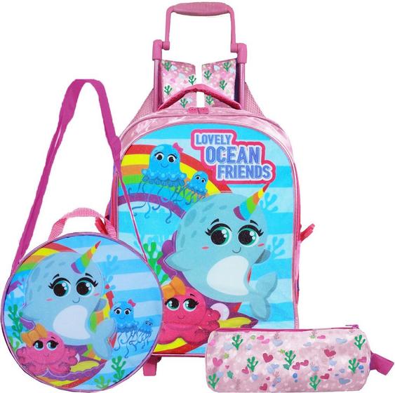 Kit Mochila Infantil Unicórnio Baleia Rodinhas Tam G Escolar Carrinho ...