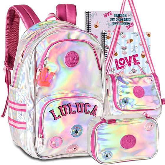Kit Mochila Luluca Escolar Infantil Feminina Holográfica de Costas ...