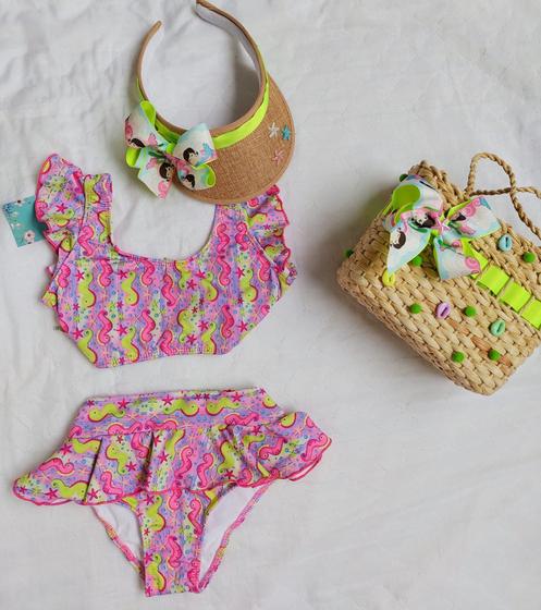 Kit moda praia infantil menina ,viseira+bolsa+biquíni - Flor de Encanto ...