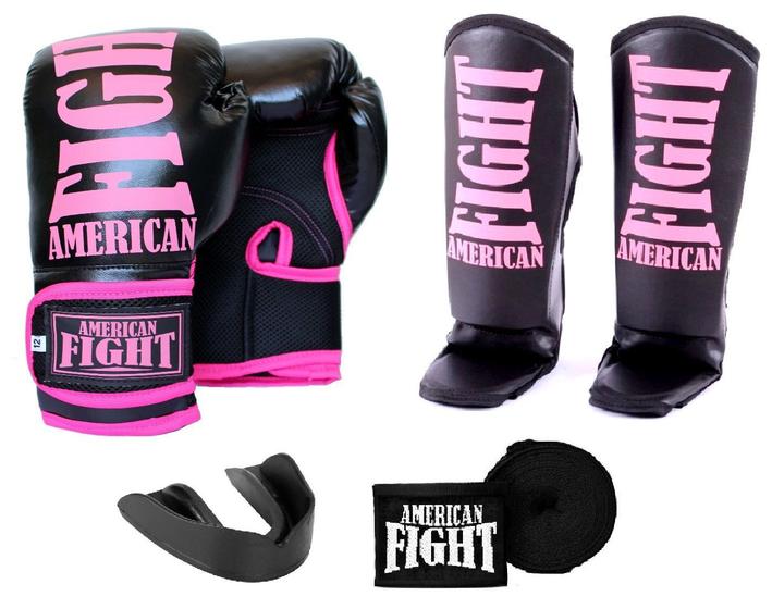 Kit Muay Thai Boxe Luva Caneleira Bandagem Bucal American Fight - Feminino - Kit Boxe e Muay ...