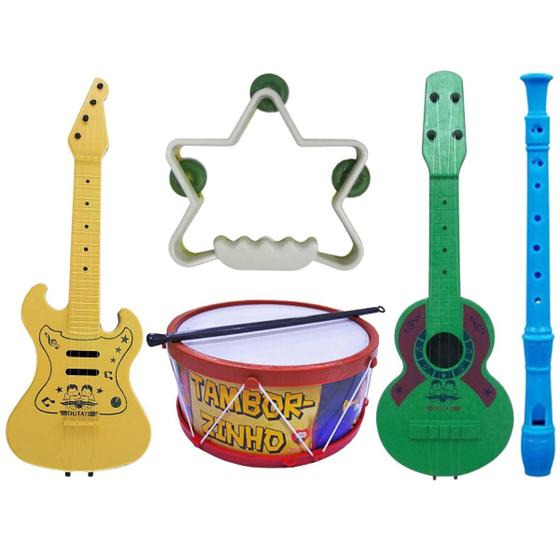 Kit Musical Brinquedos Educativo C/5 Instrumentos Tambor Violão Pandeiro Estrela Flauta Infantil ...