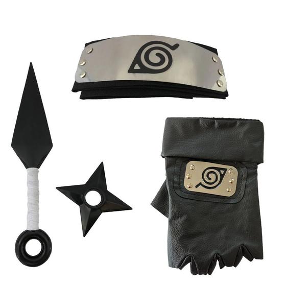 Kit Naruto Luva Couro kakashi Bandana Folha Kunai e Shuriken - Fantasia ...