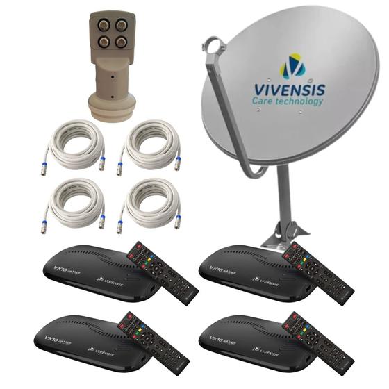 KIT Nova Antena Parabólica + 4 Receptores VX10 + LNBF Quádruplo + 4 ...