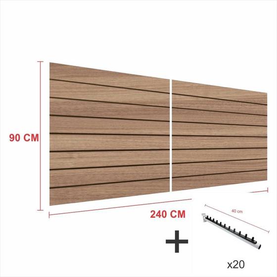 Kit Painel canaletado amadeirado alt 90 cm comp 240 cm mais 20 ganchos ...