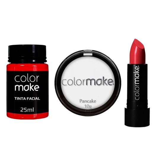 Kit Pancake Pó Branco Color Make Com Tinta E Batom Vermelho Maquiagem ...