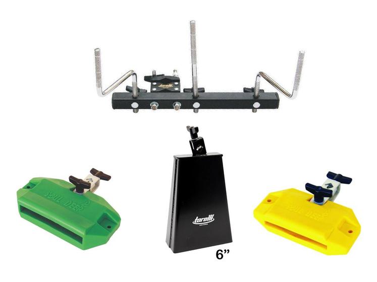 Kit percussão bloco sonoro grave e agudo + cowbell + rack - Torelli ...