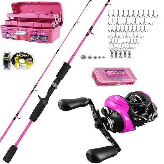 Kit Pesca Completo Carretilha Rosa 7 Rolamentos Com Vara e Acessórios ...