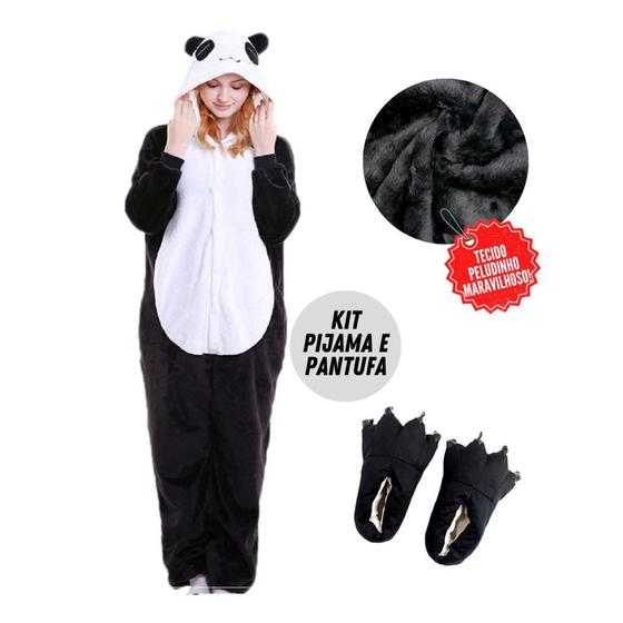 Kit Pijama Panda com Pantufa Kigurumi Fantasia Unissex Promo - Amo ...